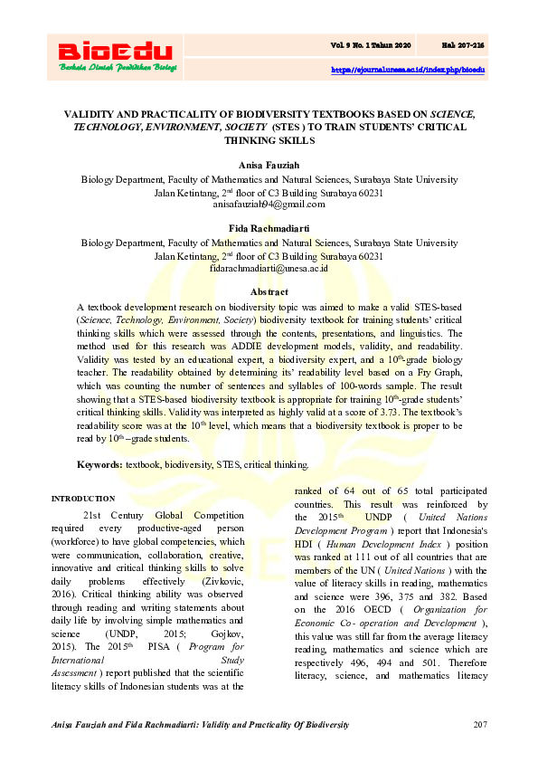 (PDF) Validity And Practicality of Biodiversity Textbooks Based on Science, Technology ...