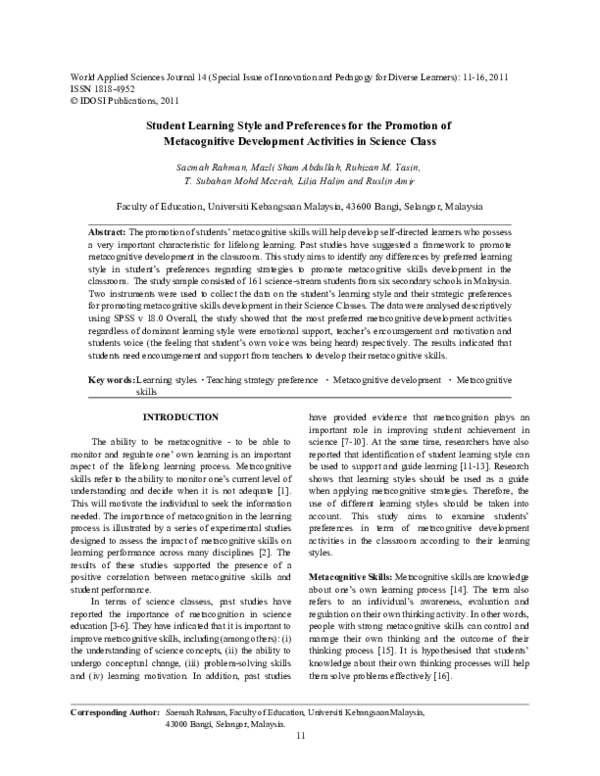 (PDF) Student Learning Style and Preferences for the Promotion of Metacognitive Development ...