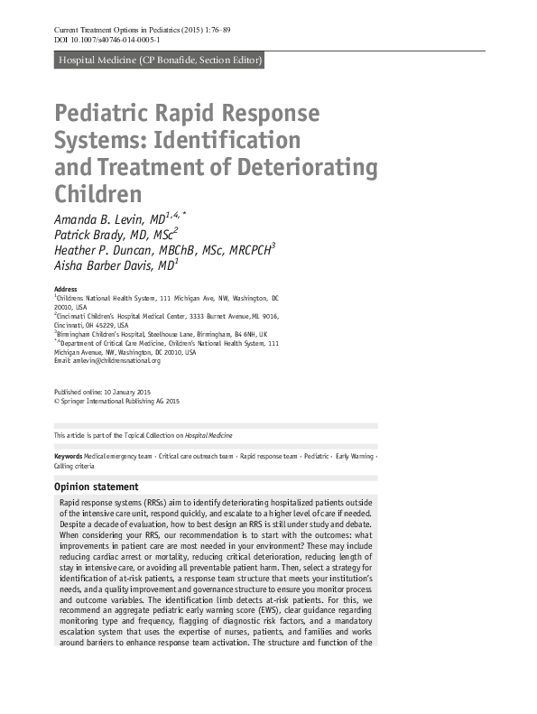 (PDF) Pediatric Rapid Response Systems: Identification and Treatment of ...