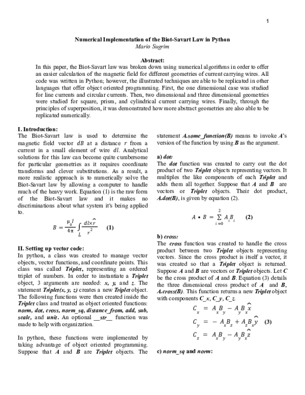 (PDF) Numerical Implementation of the Biot-Savart Law in Python