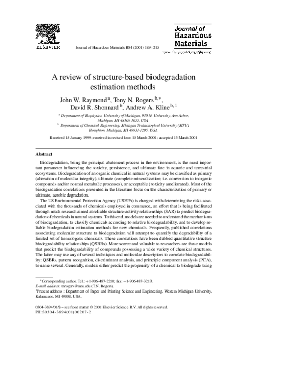 Pdf A Review Of Structure Based Biodegradation Estimation Methods