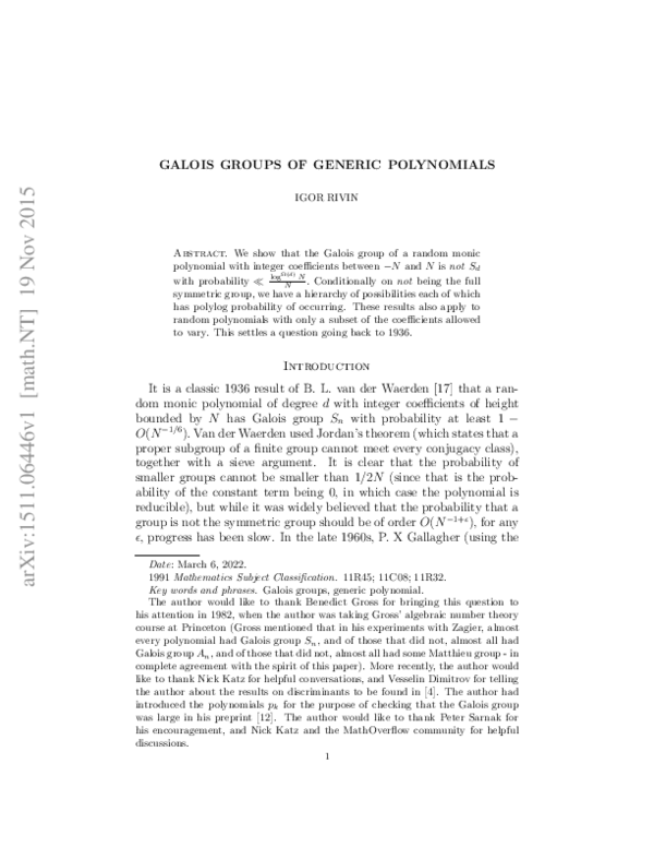 (PDF) Galois Groups of Generic Polynomials