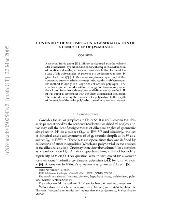 (PDF) Continuity of volumes -- on a generalization of a conjecture of J ...