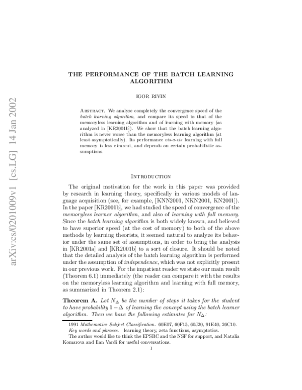 Pdf The Performance Of The Batch Learning Algorithm