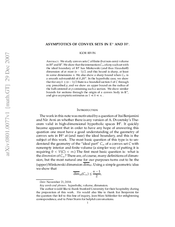 (PDF) ASYMPTOTICS OF CONVEX SETS INE n ANDH n
