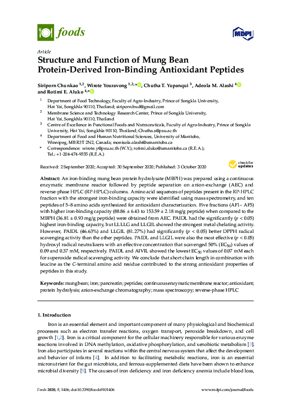 (PDF) Structure and Function of Mung Bean Protein-Derived Iron-Binding Antioxidant Peptides ...