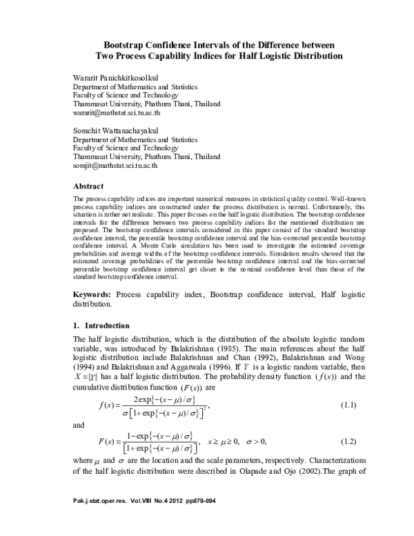 Pdf Bootstrap Confidence Intervals Of The Difference Between Two Process Capability Indices