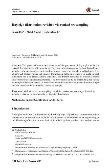 Pdf Rayleigh Distribution Revisited Via Ranked Set Sampling