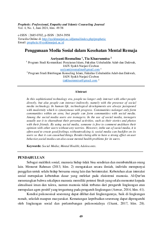 (PDF) Penggunaan Media Sosial dalam Kesehatan Mental Remaja