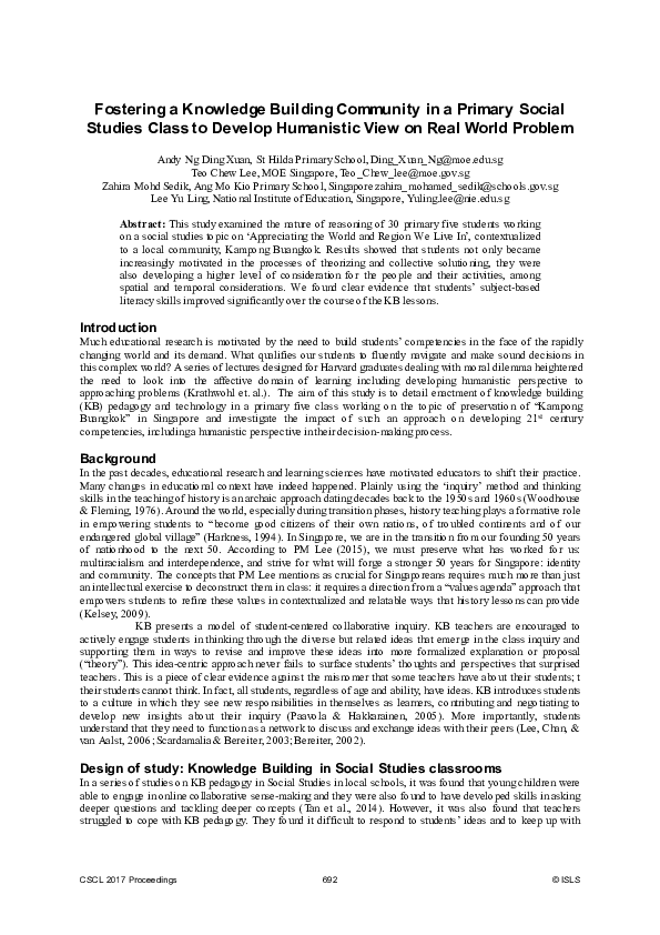 (PDF) Fostering a Knowledge Building Community in a Primary Social ...