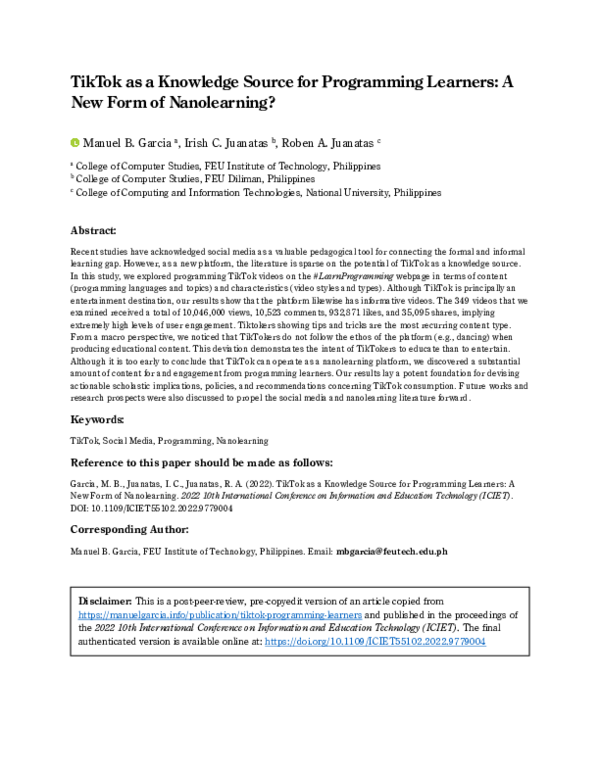 Pdf Tiktok As A Knowledge Source For Programming Learners A New Form Of Nanolearning