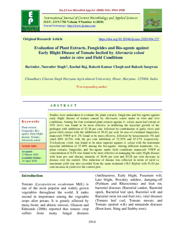 (PDF) Evaluation of Plant Extracts, Fungicides and Bio-agents against Early Blight Disease of ...