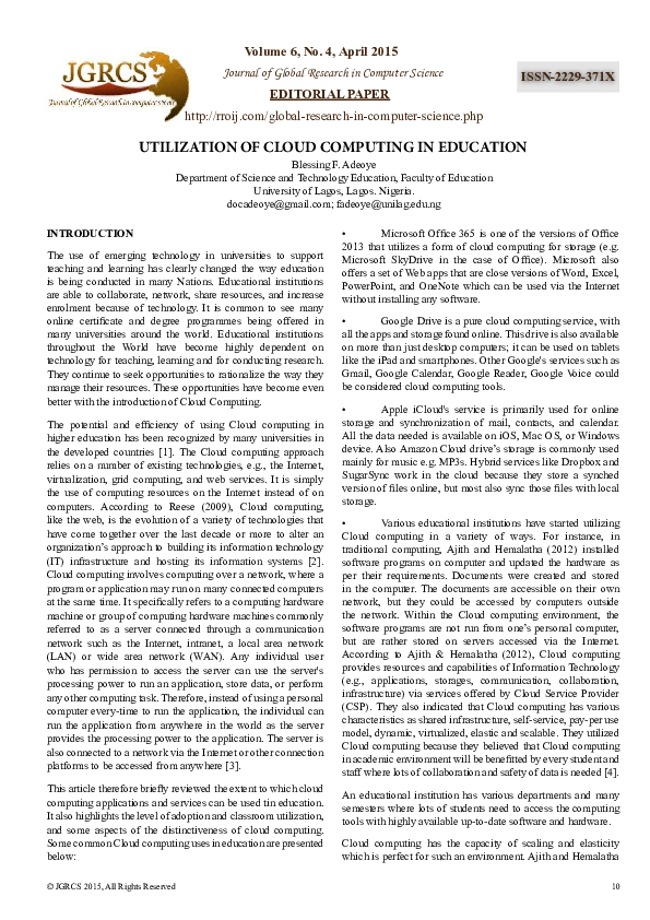 (PDF) Utilization of Cloud Computing in Education