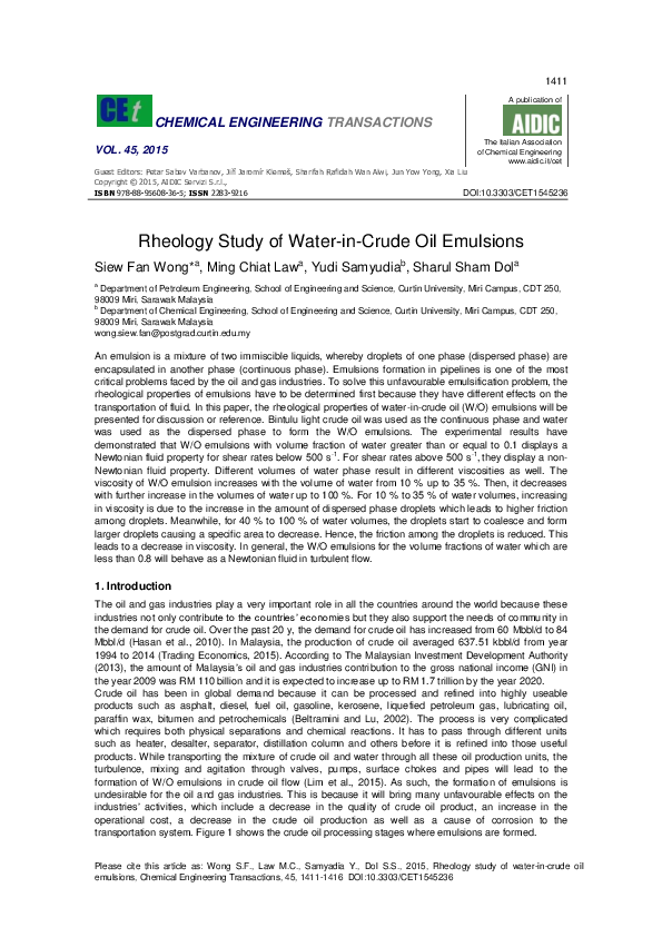 (PDF) Rheology study of water-in-crude oil emulsions