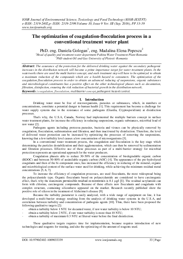 (PDF) The optimization of coagulation-flocculation process in a conventional treatment water plant