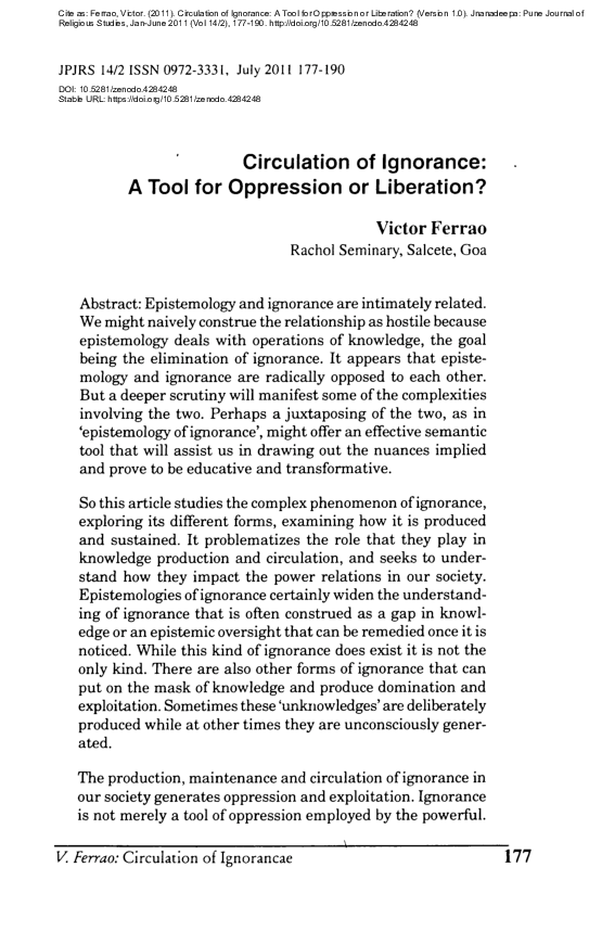 (PDF) Circulation of Ignorance: A Tool for Oppression or Liberation?