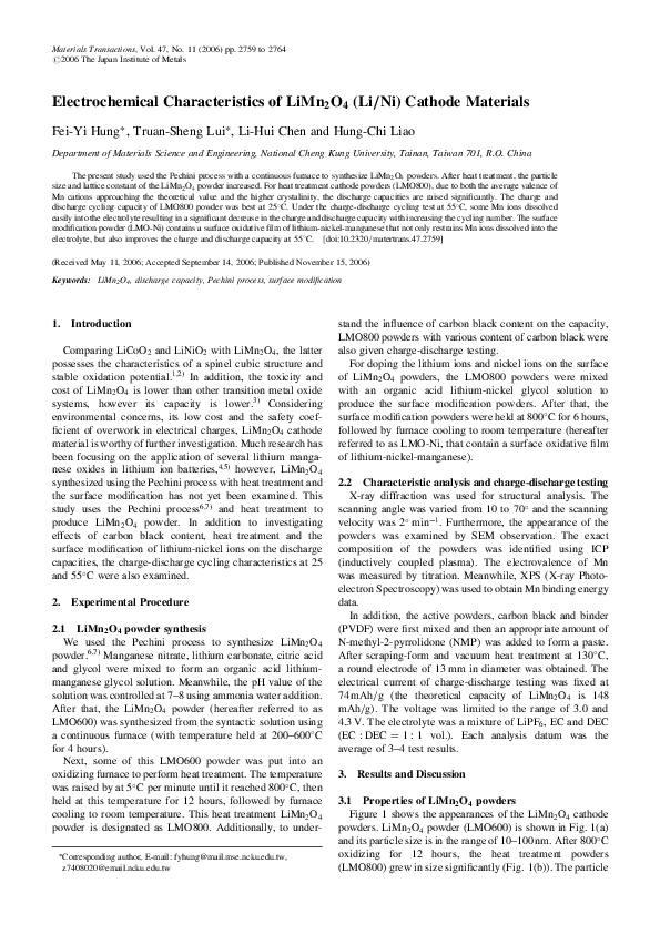 (PDF) Electrochemical Characteristics of LiMn2O4 (Li/Ni) Cathode Materials