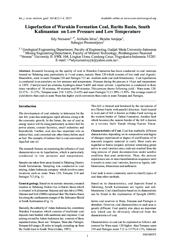(PDF) Liquefaction of Warukin Formation Coal, Barito Basin, South ...