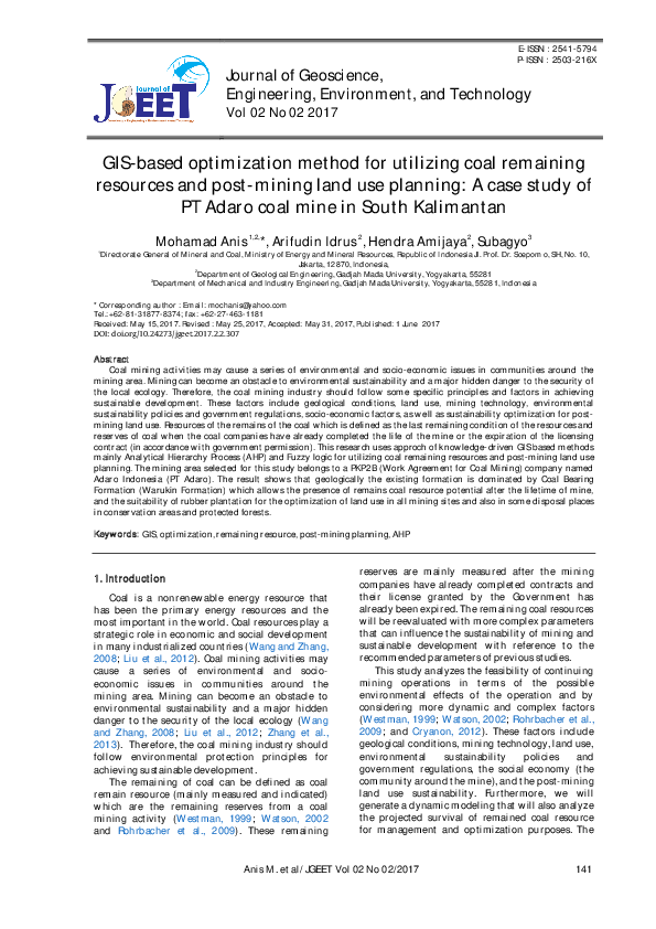 Pdf Gis Based Optimization Method For Utilizing Coal Remaining