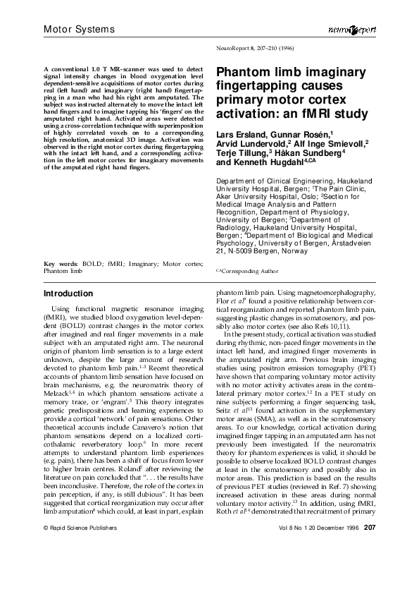 (PDF) Phantom limb imaginary fingertapping causes primary motor cortex activation