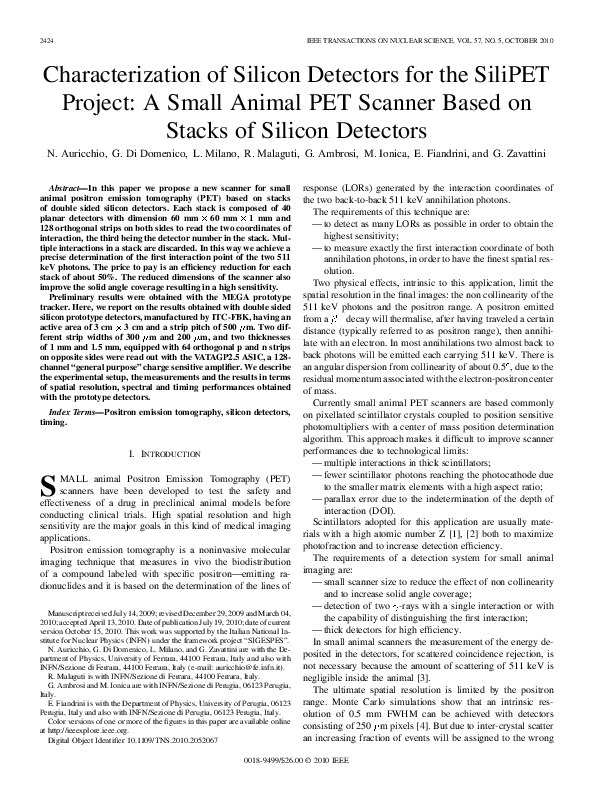(PDF) Characterization of Silicon Detectors for the SiliPET Project: A Small Animal PET Scanner ...