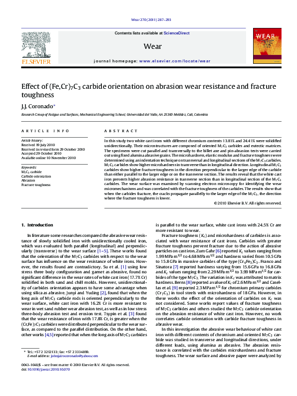 (PDF) Effect of (Fe,Cr)7C3 carbide orientation on abrasion wear ...
