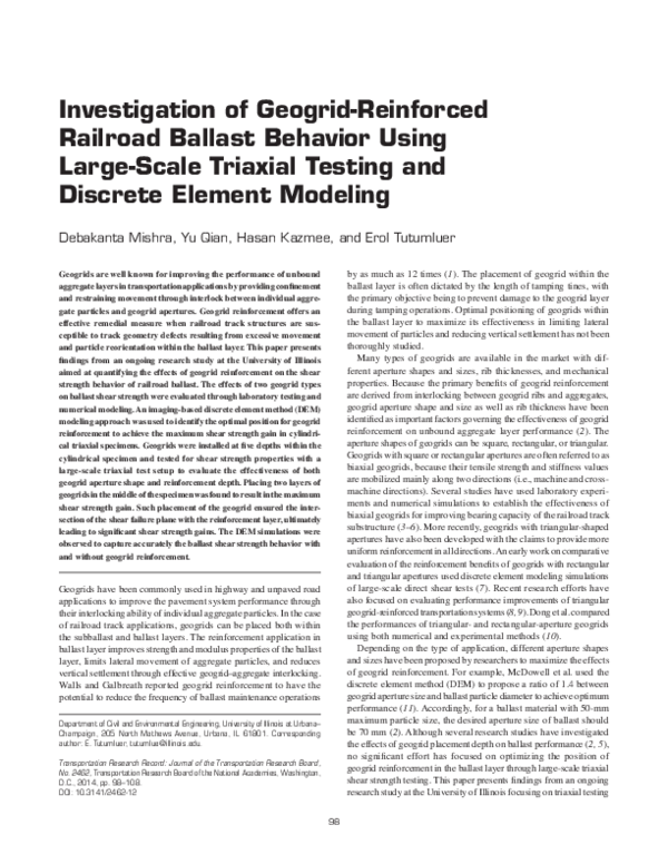(PDF) Investigation of Geogrid-Reinforced Railroad Ballast Behavior Using Large-Scale Triaxial ...