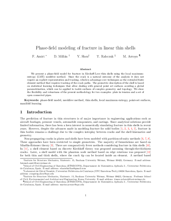 Pdf Phase Field Modeling Of Fracture In Linear Thin Shells Fatemeh