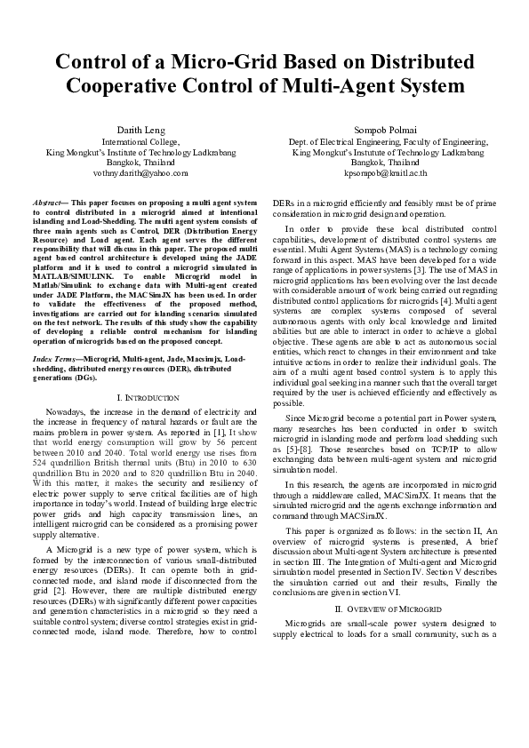 (PDF) Control of a Micro-Grid Based on Distributed Cooperative Control ...