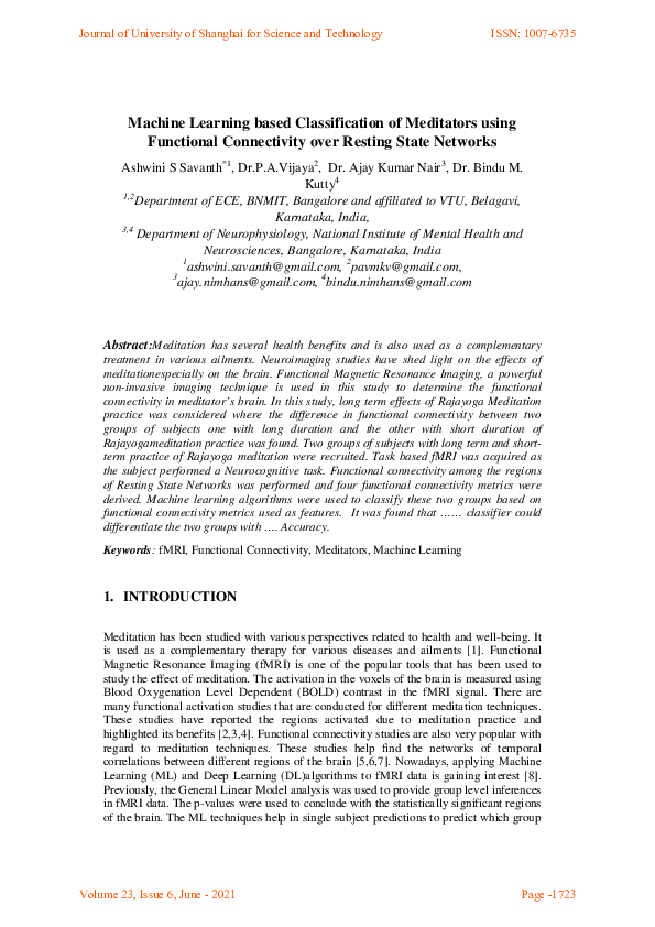 (PDF) Machine Learning based Classification of Meditators using Functional Connectivity over ...