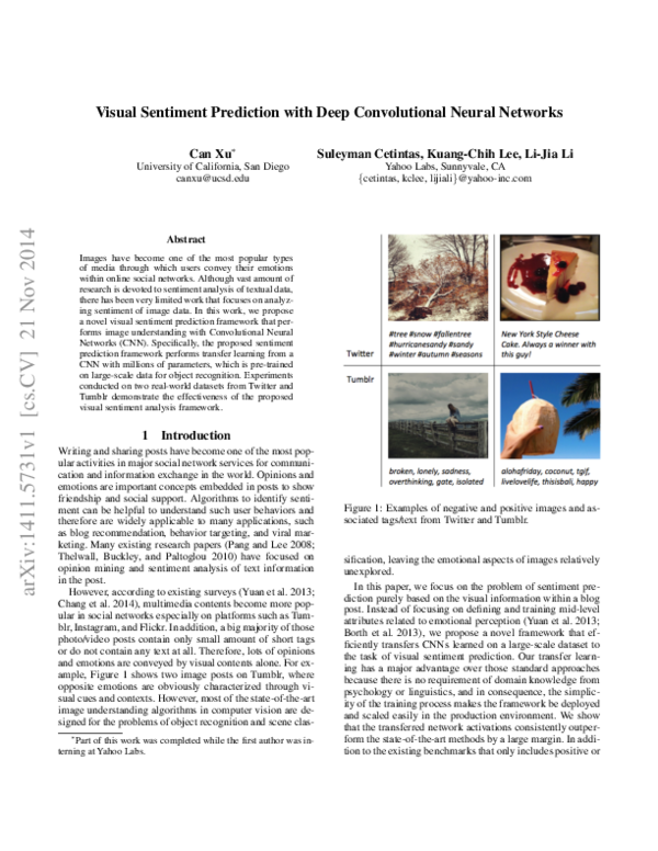 Pdf Visual Sentiment Prediction With Deep Convolutional Neural Networks