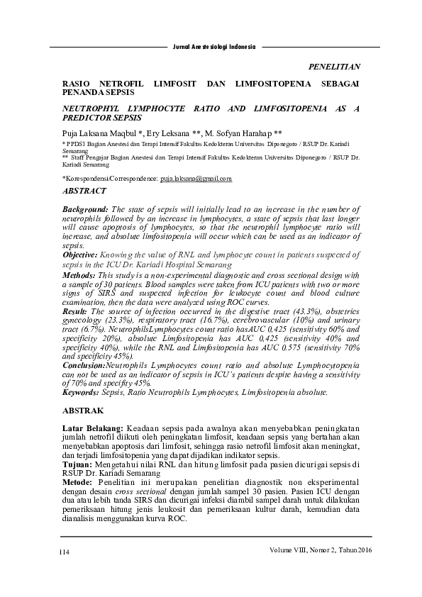 (PDF) Rasio Netrofil Limfosit dan Limfositopenia Sebagai Penanda Sepsis