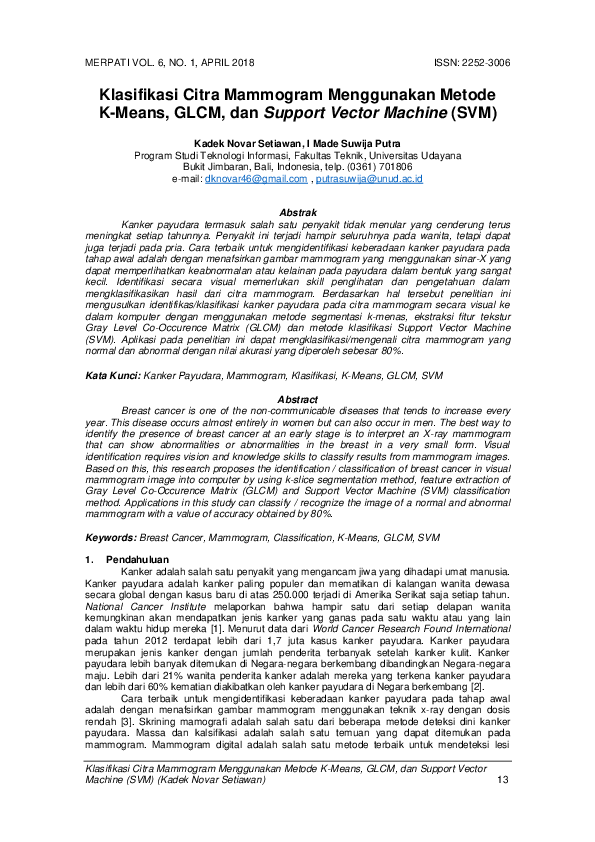 (PDF) Klasifikasi Citra Mammogram Menggunakan Metode K-Means, GLCM, dan Support Vector Machine (SVM)