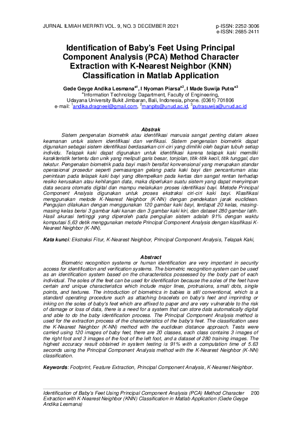 (PDF) Identification of Baby's Feet Using Principal Component Analysis (PCA) Method Character ...