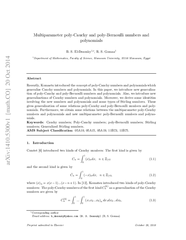 Pdf Multiparameter Poly Cauchy And Poly Bernoulli Numbers And Polynomials