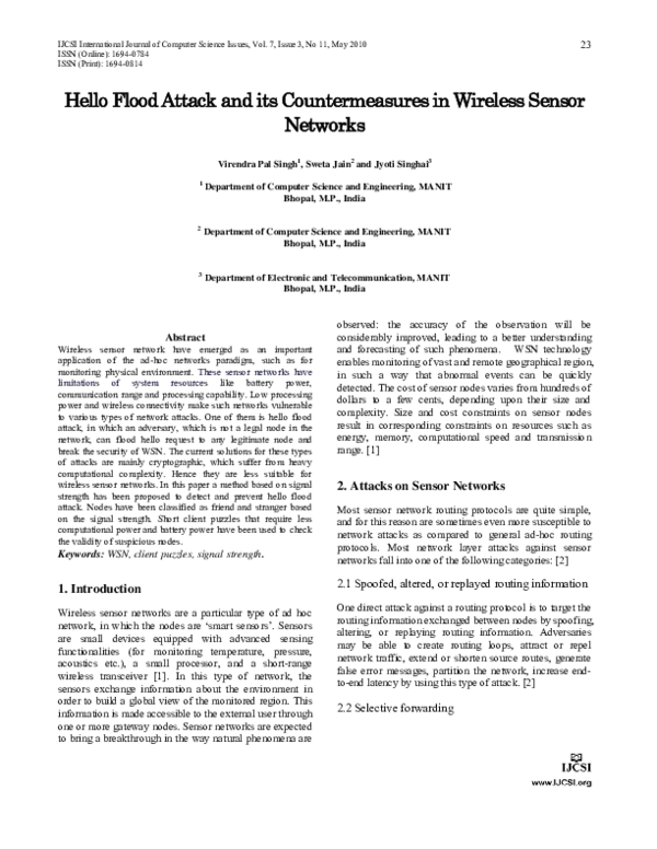 (PDF) Hello Flood Attack and its Countermeasures in Wireless Sensor Networks
