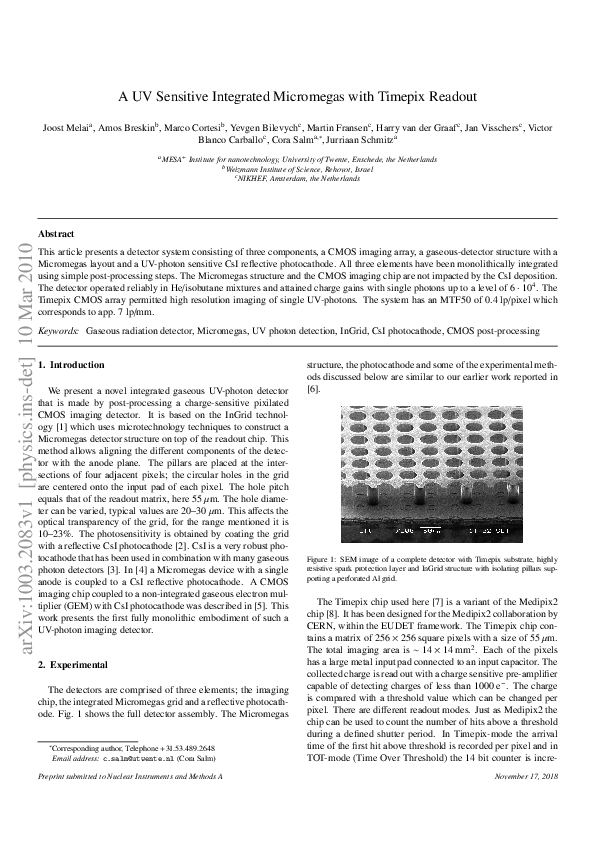 (PDF) A UV sensitive integrated Micromegas with Timepix readout