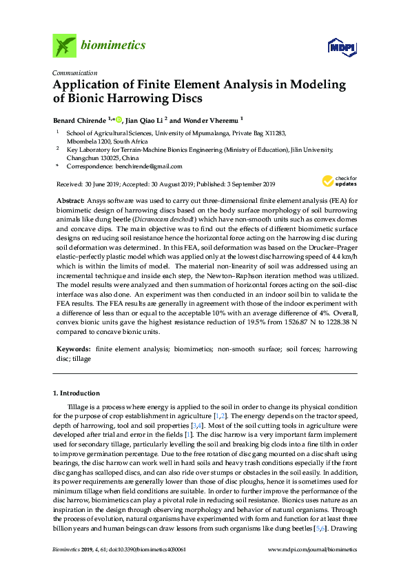 (PDF) Application of Finite Element Analysis in Modeling of Bionic Harrowing Discs