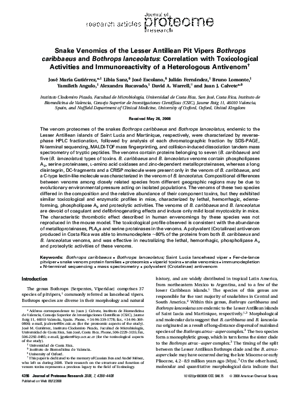 (PDF) Snake Venomics of the Lesser Antillean Pit Vipers Bothrops ...