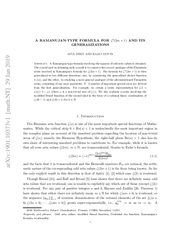 (PDF) A Ramanujan-type formula for $\zeta^{2}(2m+1)$ and its ...