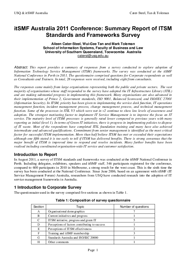 (PDF) itSMF Australia 2011 Conference: Summary Report of ITSM Standards ...