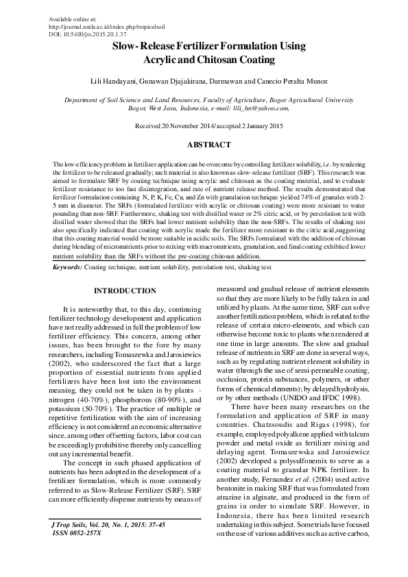 (PDF) Slow- Release Fertilizer Formulation Using Acrylic and Chitosan ...