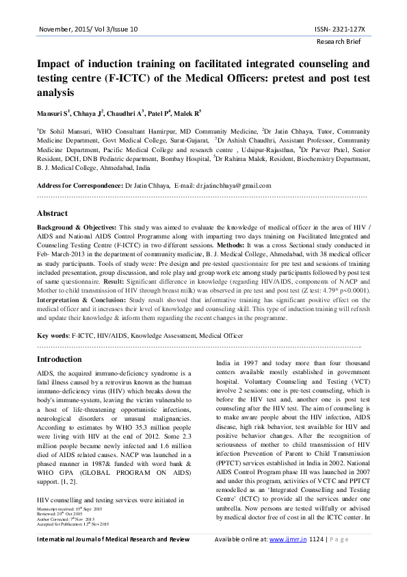 (PDF) Impact of induction training on facilitated integrated counseling ...