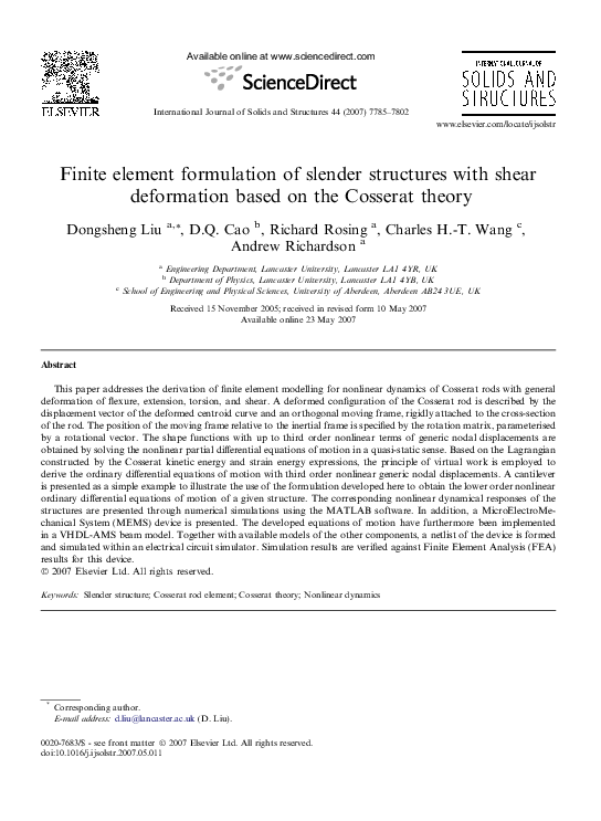 (PDF) Finite element formulation of slender structures with shear deformation based on the ...