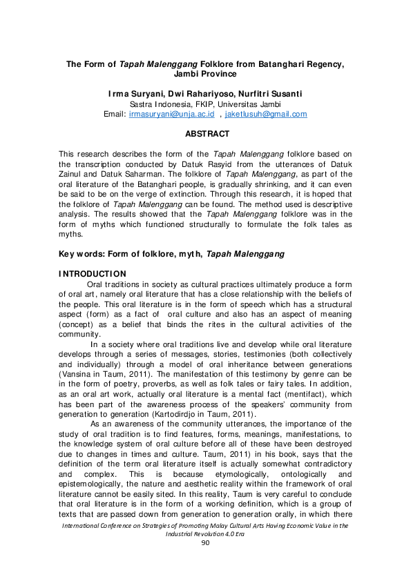 (PDF) The Form of Tapah Malenggang Folklore from Batanghari Regency ...