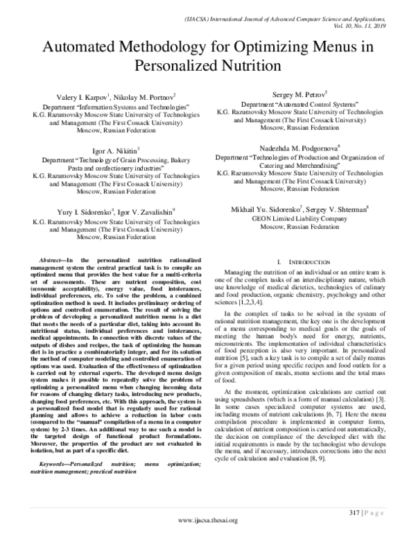 (PDF) Automated Methodology for Optimizing Menus in Personalized Nutrition