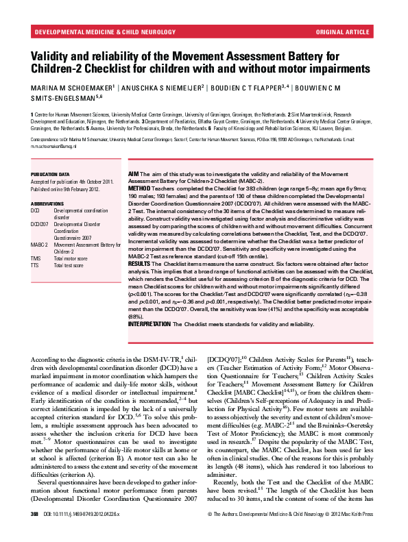 (PDF) Validity and reliability of the Movement Assessment Battery for ...