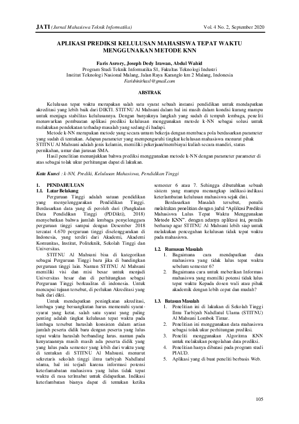 (PDF) Aplikasi Prediksi Kelulusan Mahasiswa Tepat Waktu Menggunakan Metode KNN