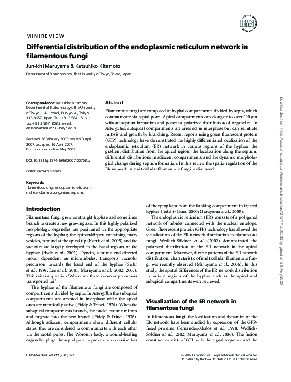 (PDF) Differential distribution of the endoplasmic reticulum network in ...