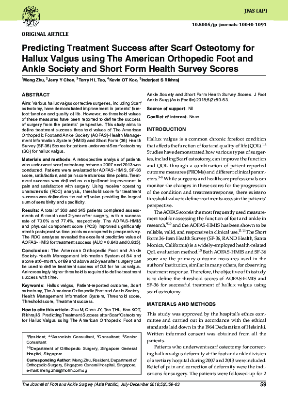 (PDF) Predicting Treatment Success after Scarf Osteotomy for Hallux ...